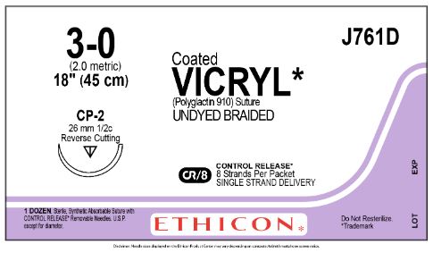 Ethicon Coated Vicryl (polyglactin 910) Suture b - SUTURE, 3/0 8-18 CT — Grayline Medical
