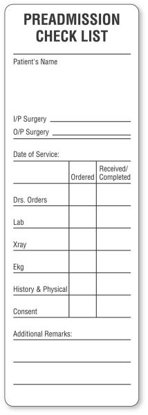 Medical Use Labels - Pre-Admission Checklist Label, 6" x 2" — Grayline ...