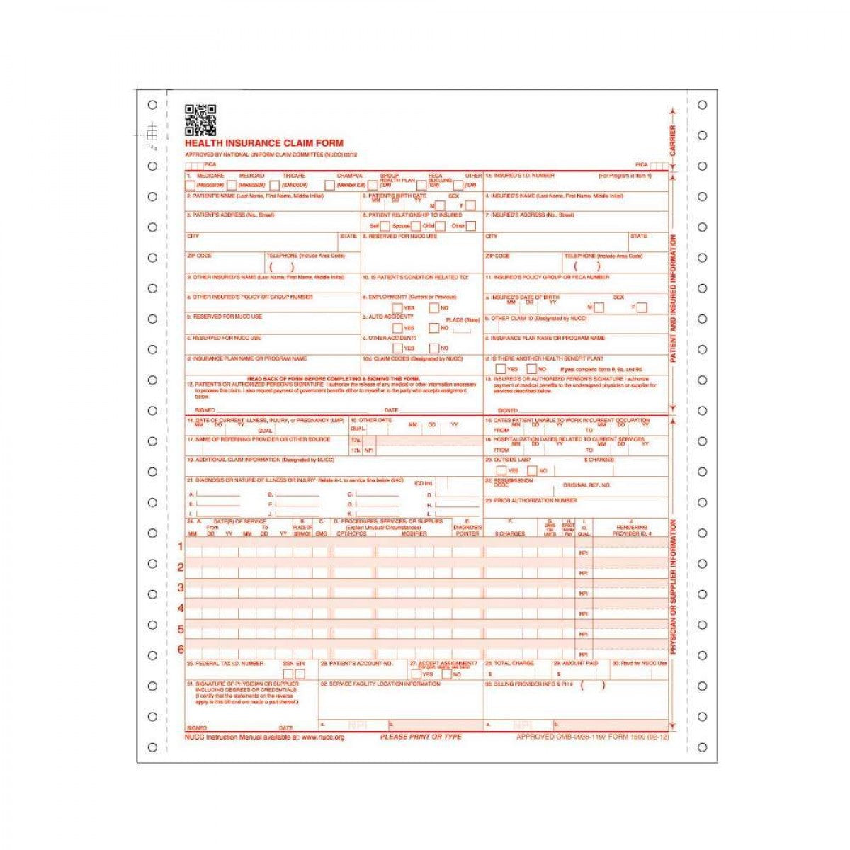 Hcfa Claim Form 1500 No Barcode 1 Part 02/12 White And Red - 2500 Per ...