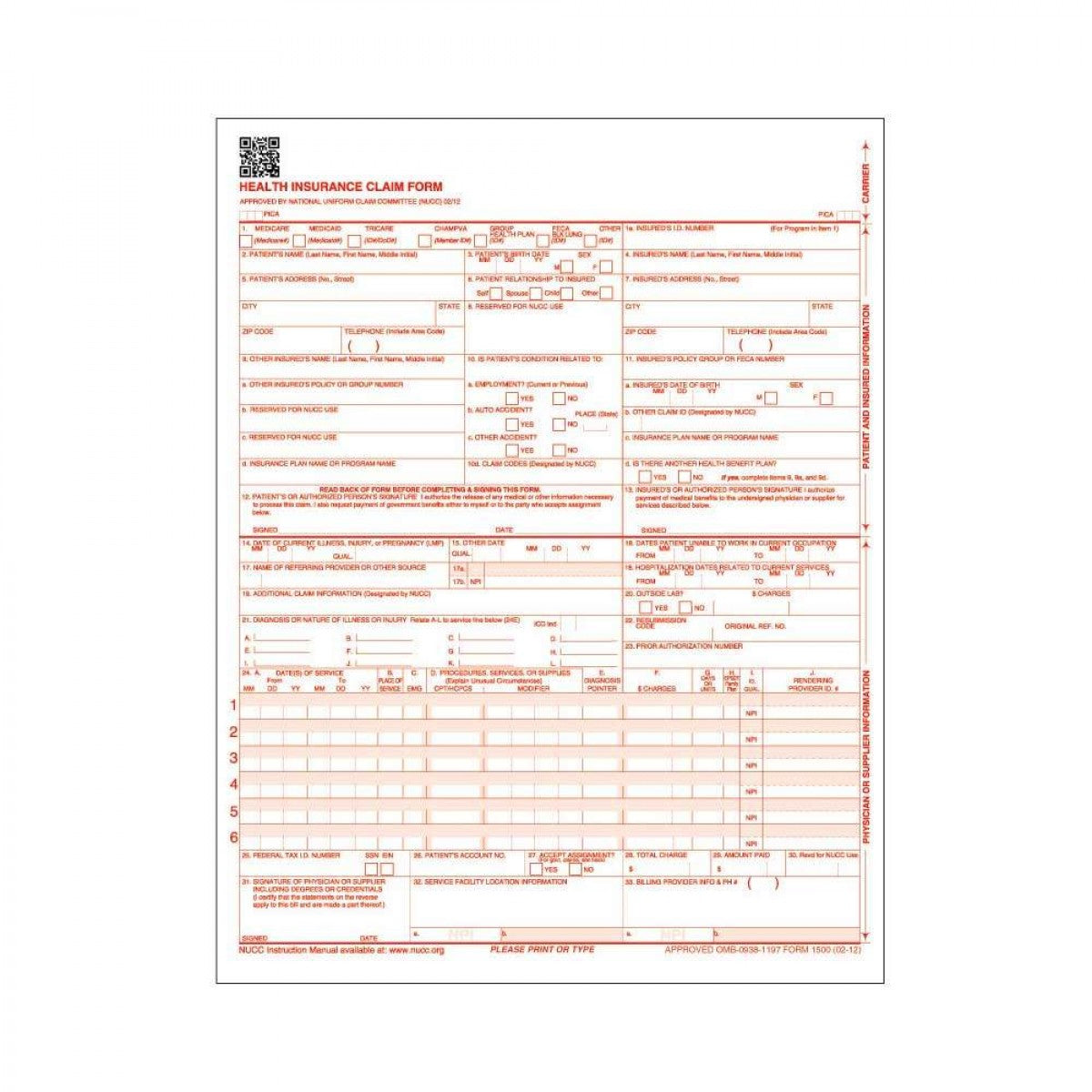 Hcfa Claim Form 1500 No Barcode Laser 1 Part 02/12 White And Red - 250 ...